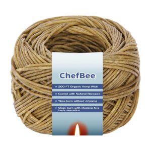 chefbee 200 ft organic hemp wick, hemp wick well coated natural beeswax for hemp wick lighter or candle making, slow burn, no dripping, standard size(1.1mm)