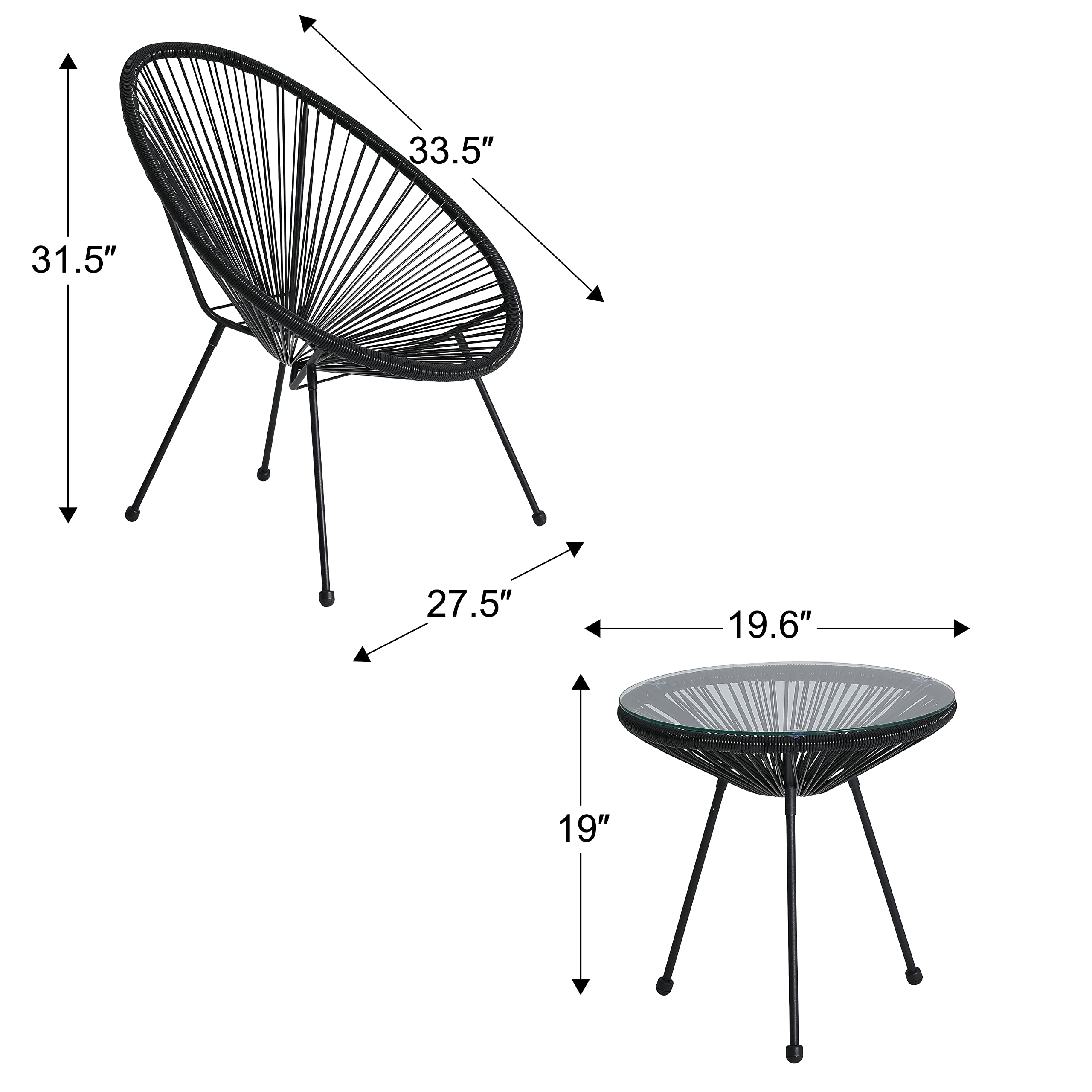 ABCCANOPY 3-Piece Patio Furniture Set,Acapulco Chair Conversation Bistro Set, Indoor&Outdoor All-Weather Patio Furniture Sets with Glass Top Table