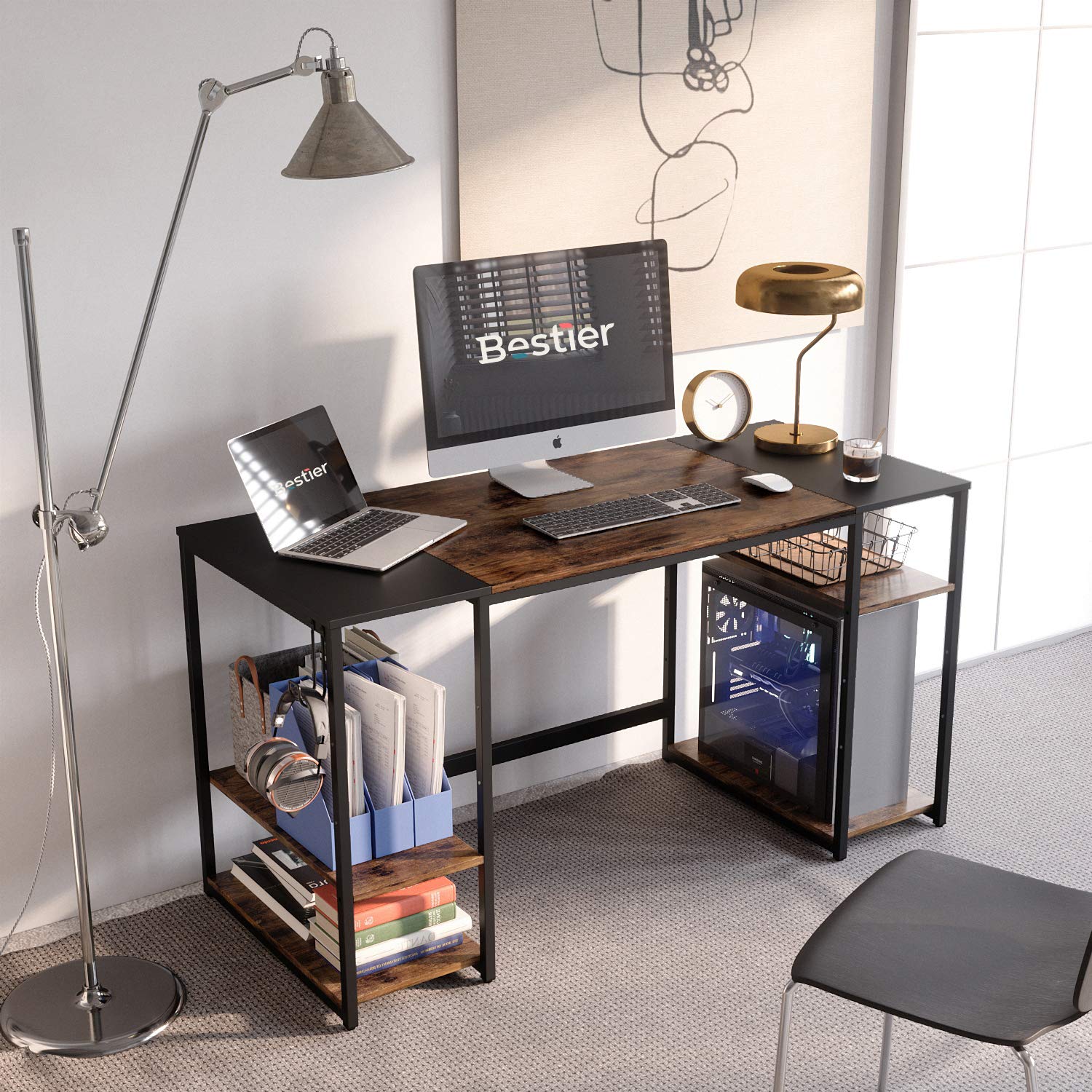 Bestier Computer Desk with 4 Storage Shelves, 55 inch Study Writing Table with Splice Tabletop, Rustic Brown and Black Top