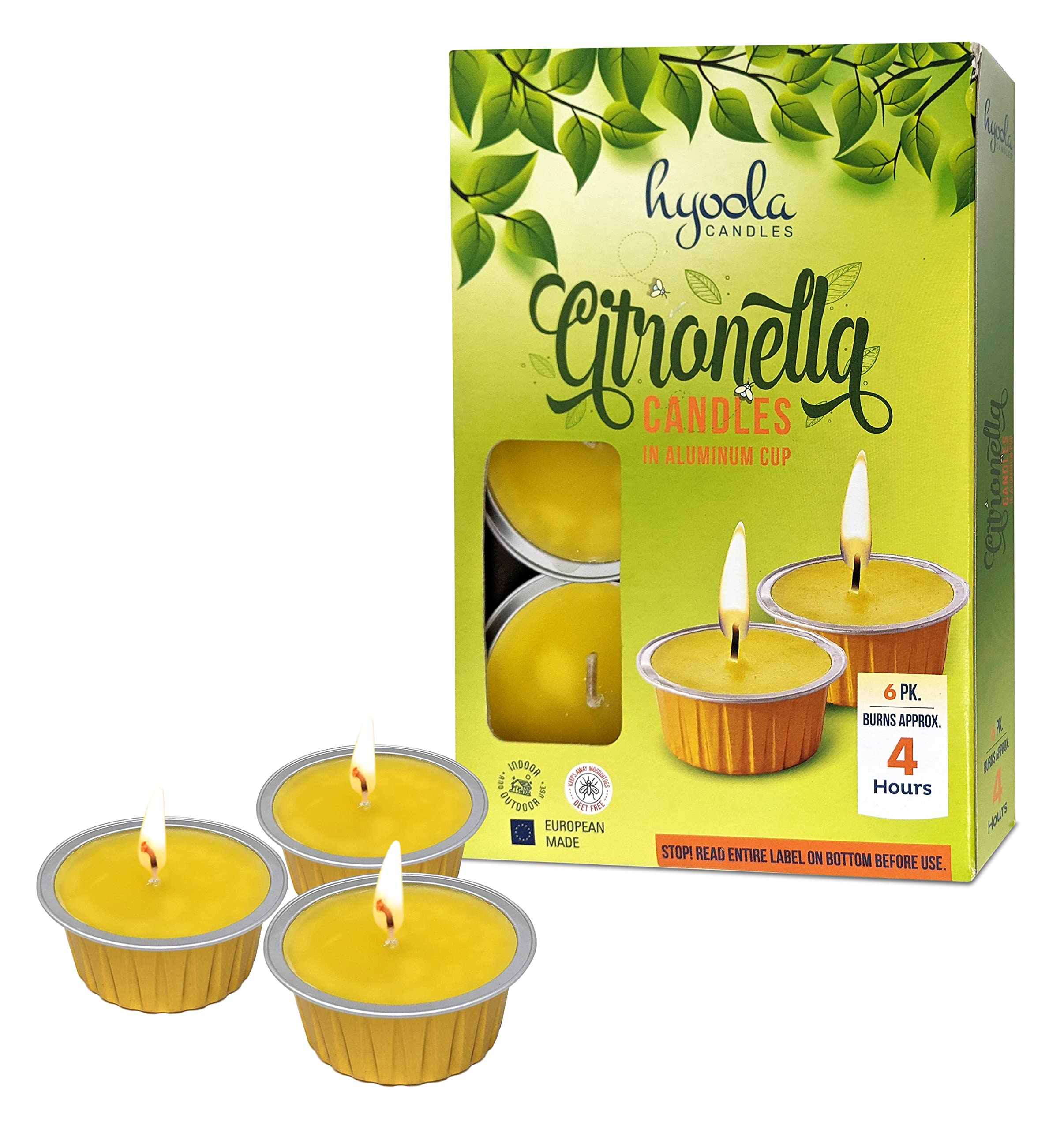 Hyoola Citronella Candles in Aluminum Cup - 6 Pack - Scented Candles Citronella - 4 Hour Burn Time - 1" x 2 Citronella Candle Outdoor and Indoor Use - Made in Europe