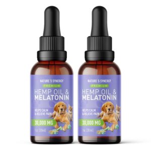 nature's synergy melatonin and hemp oil for dogs, cats & pets, 2 pack, calming sleep support, omega fatty acids for hip and joint support, skin and coat health, stress from travel, separation