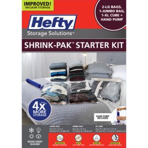 hefty shrink-pak starter kit - 2 large, 1 xl cube, 1 jumbo vacuum seal storage bag and hand pump – space saver bags for clothing, pillows, towels, or blankets, 5 pc set