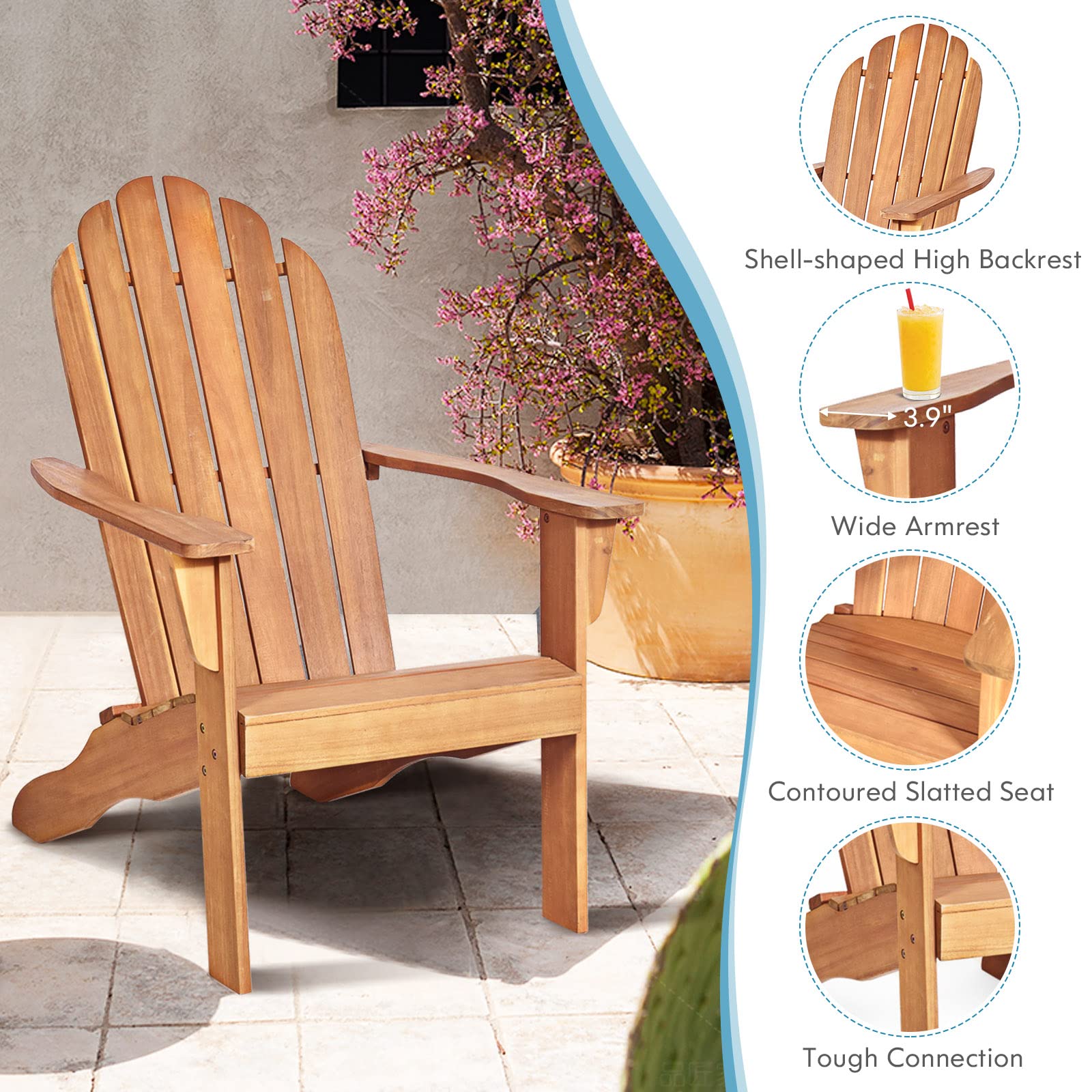 RELAX4LIFE Adirondack Chairs Set of 4, Acacia Wood Adirondack Lounge Chair, Weather Resistant Outdoor Chair for Patio Garden Porch Deck, 350 LBS Weight Capacity, Wooden Fire Pit Chairs (4, Natural)