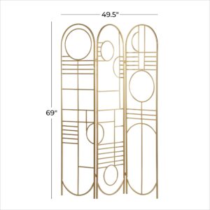 Deco 79 Metal Geometric Partition Room Divider Screen Hinged Foldable Arched Partition 3 Panel Privacy Screen, Room Partition 50" x 1" x 69", Gold