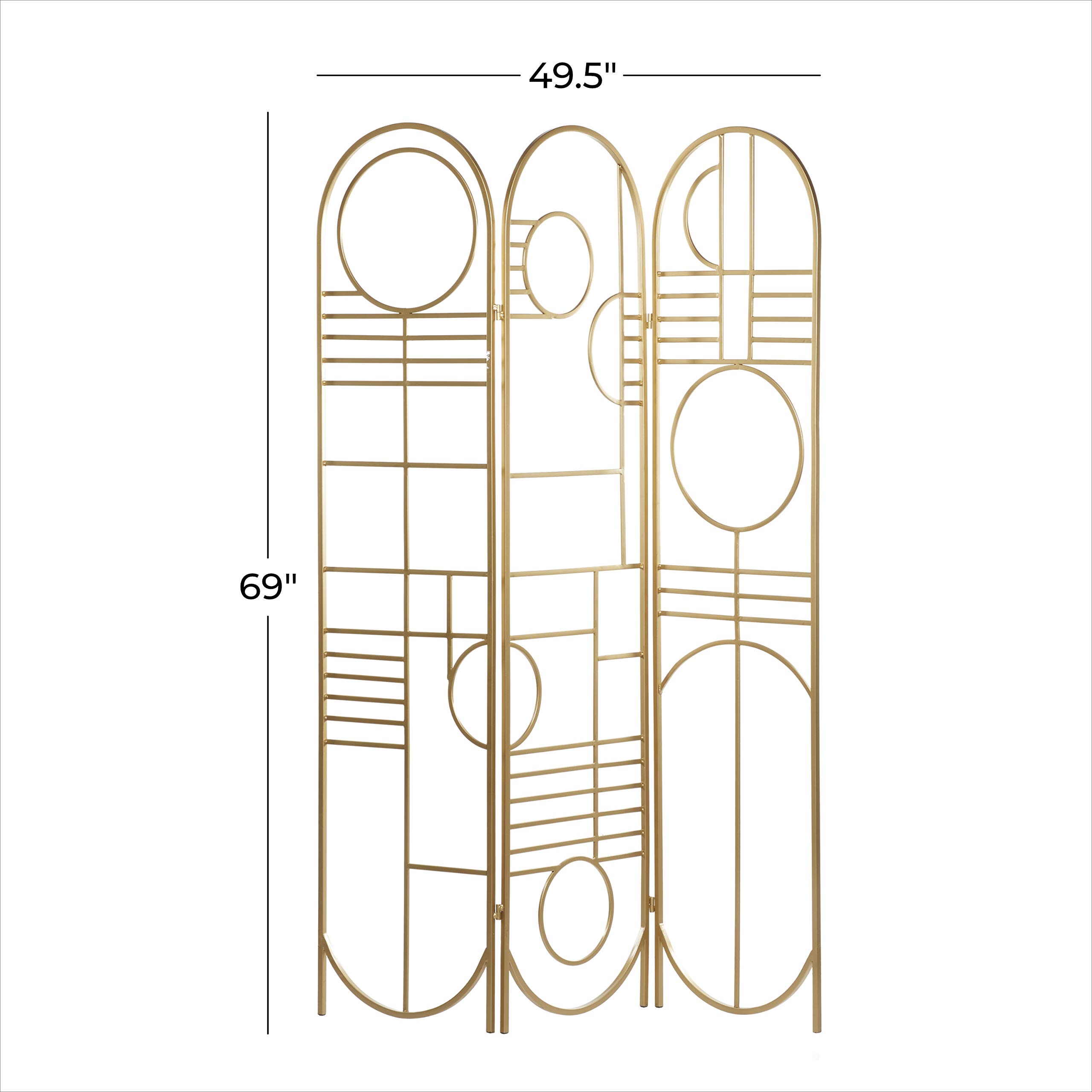 Deco 79 Metal Geometric Partition Room Divider Screen Hinged Foldable Arched Partition 3 Panel Privacy Screen, Room Partition 50" x 1" x 69", Gold