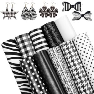 whaline 10pcs faux leather sheet white & black synthetic leather fabric 8 x 12 inch pattern stripe plaid glitter faux craft leather for diy earring hair bow making