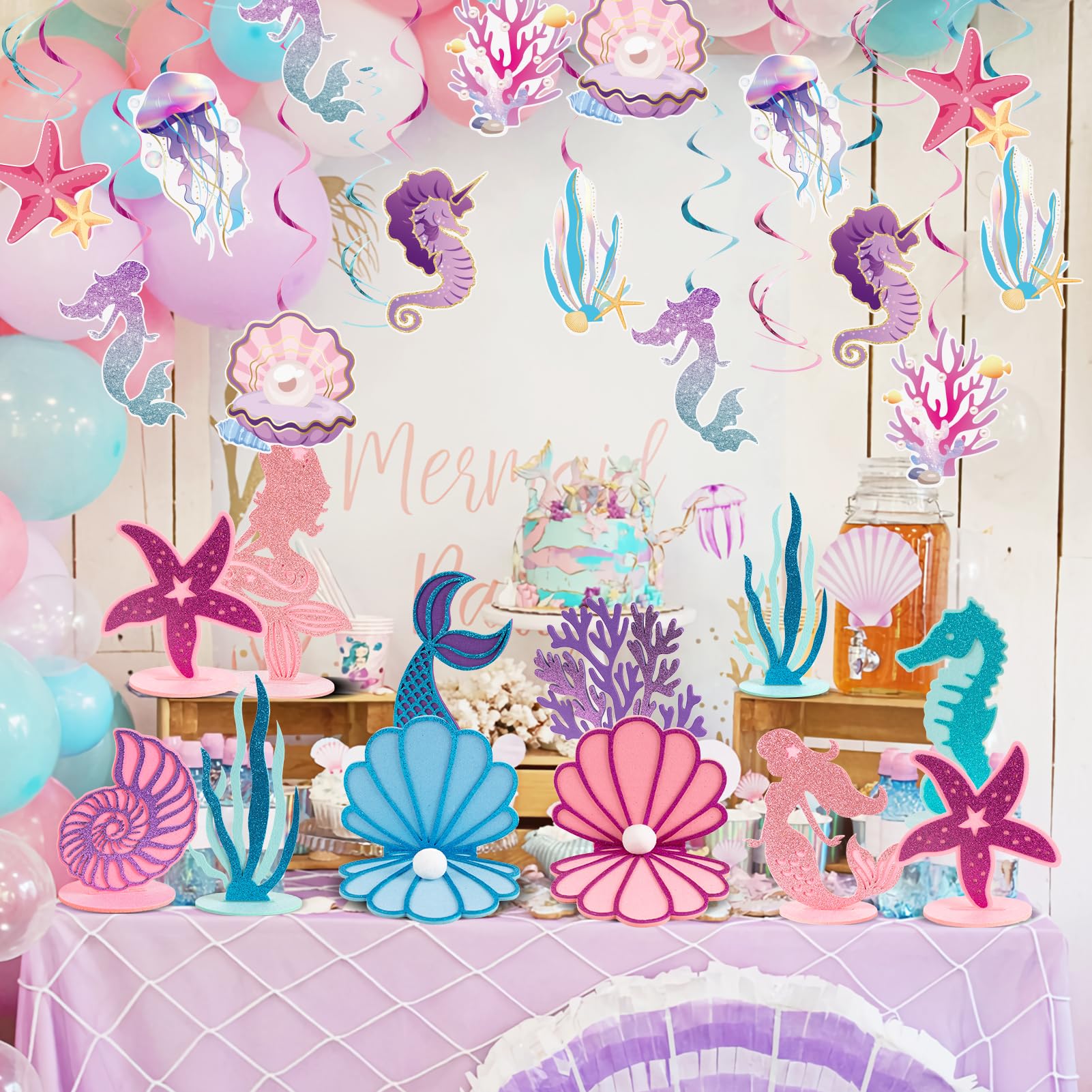 PAPER JAZZ Mermaid Party Decorations Glitter Mermaid Felt Table Centerpiece for Birthday Party Under The Sea Table Centerpiece Ocean Theme Decor for Baby Shower Supplies