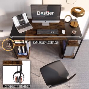 Bestier Computer Desk with 4 Storage Shelves, 55 inch Study Writing Table with Splice Tabletop, Rustic Brown and Black Top