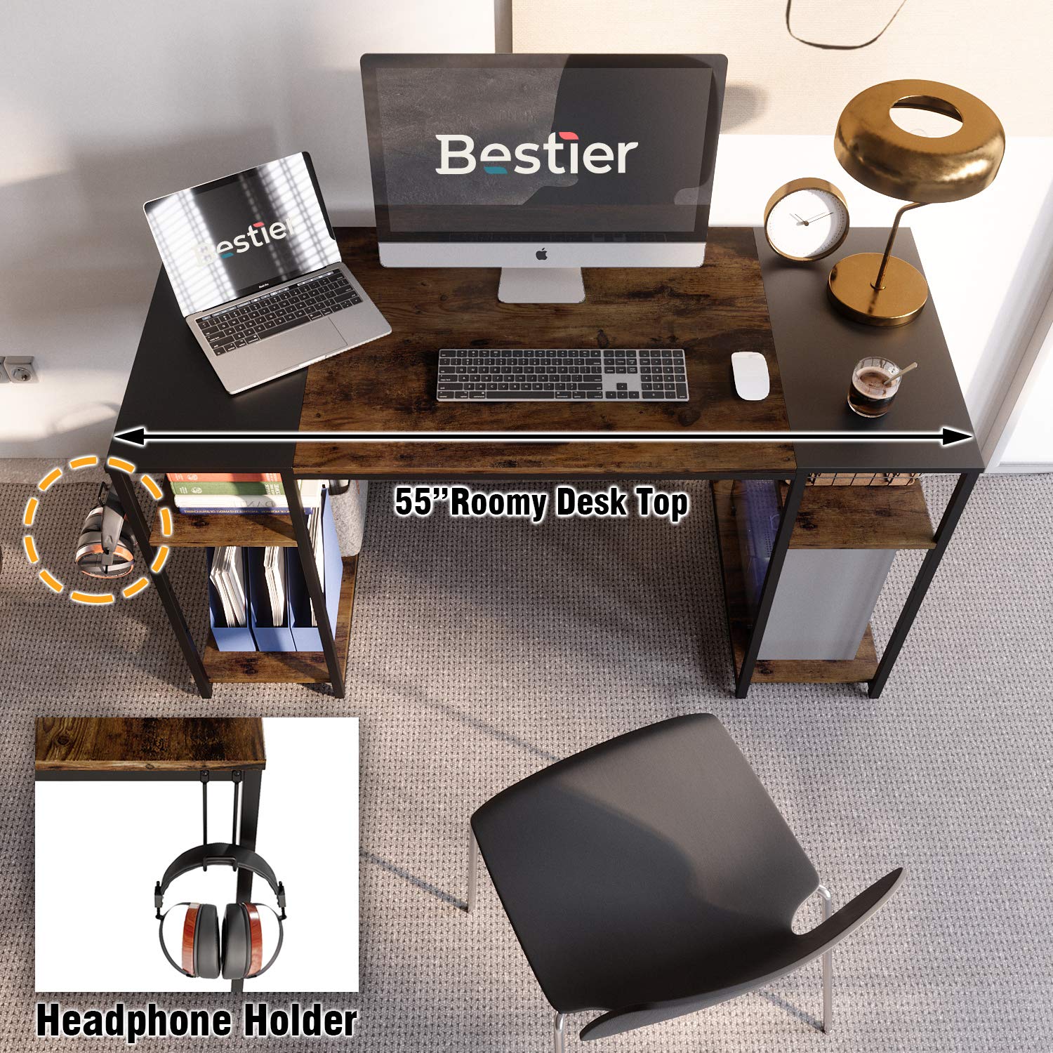 Bestier Computer Desk with 4 Storage Shelves, 55 inch Study Writing Table with Splice Tabletop, Rustic Brown and Black Top