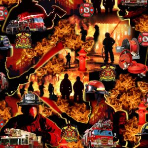 elizabeth's studio under fire fireman montage multicolor premium quality 100% cotton fabric by 1/2 of a yard.