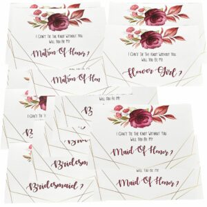 will you be my bridesmaid 16 cards with matching size white envelopes for 10 bridesmaids, 2 matron of honor, 2 maid of honor & 2 flower girls card for bride to help tie the know. (burgundy)