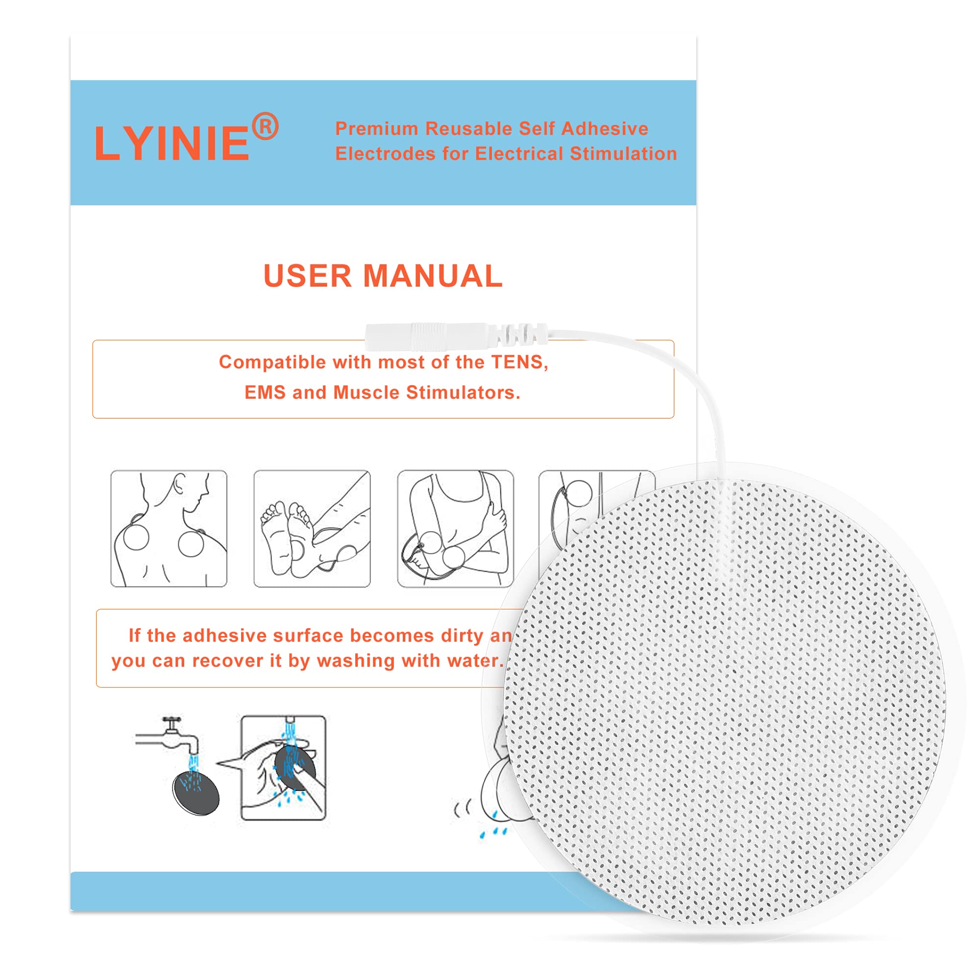 LYINIE TENS Unit Pads 3" Round Electrodes - Compatible with Most TENS Machines, Replacement Pads Electrode Patches for Electrotherapy, 20 Count