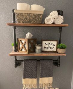 sss furniture industrial pipe shelf bathroom shelves wall mounted, 2 tier 19.6in rustic wood floating shroom decor wall shelfelves with towel bar, farmhouse rustic bath