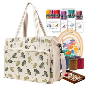 lavievert embroidery project bag, embroidery kits storage bag with multiple pockets for crochet hooks embroidery floss and other sewing accessories