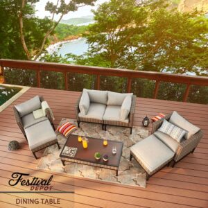 Festival Depot Patio Table Rattan Woven Wicker Coffee Table with Aluminum Tabletop All Weather Outdoor Furniture for Backyard Porch Garden (H Shaped Leg),Brown