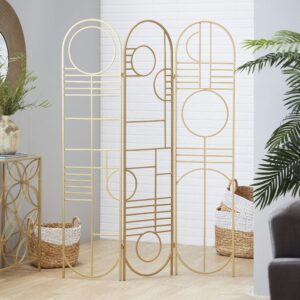 Deco 79 Metal Geometric Partition Room Divider Screen Hinged Foldable Arched Partition 3 Panel Privacy Screen, Room Partition 50" x 1" x 69", Gold