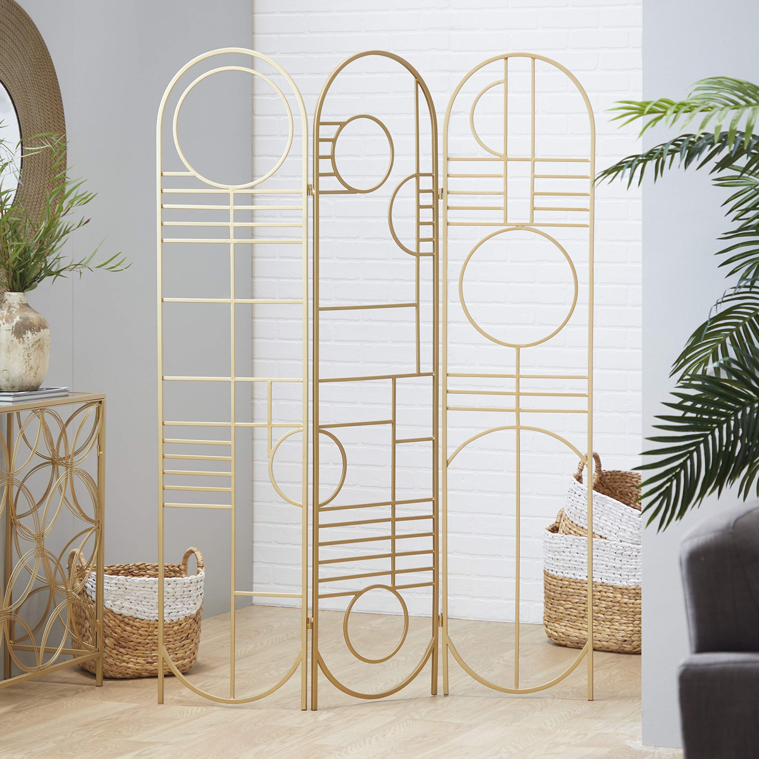 Deco 79 Metal Geometric Partition Room Divider Screen Hinged Foldable Arched Partition 3 Panel Privacy Screen, Room Partition 50" x 1" x 69", Gold