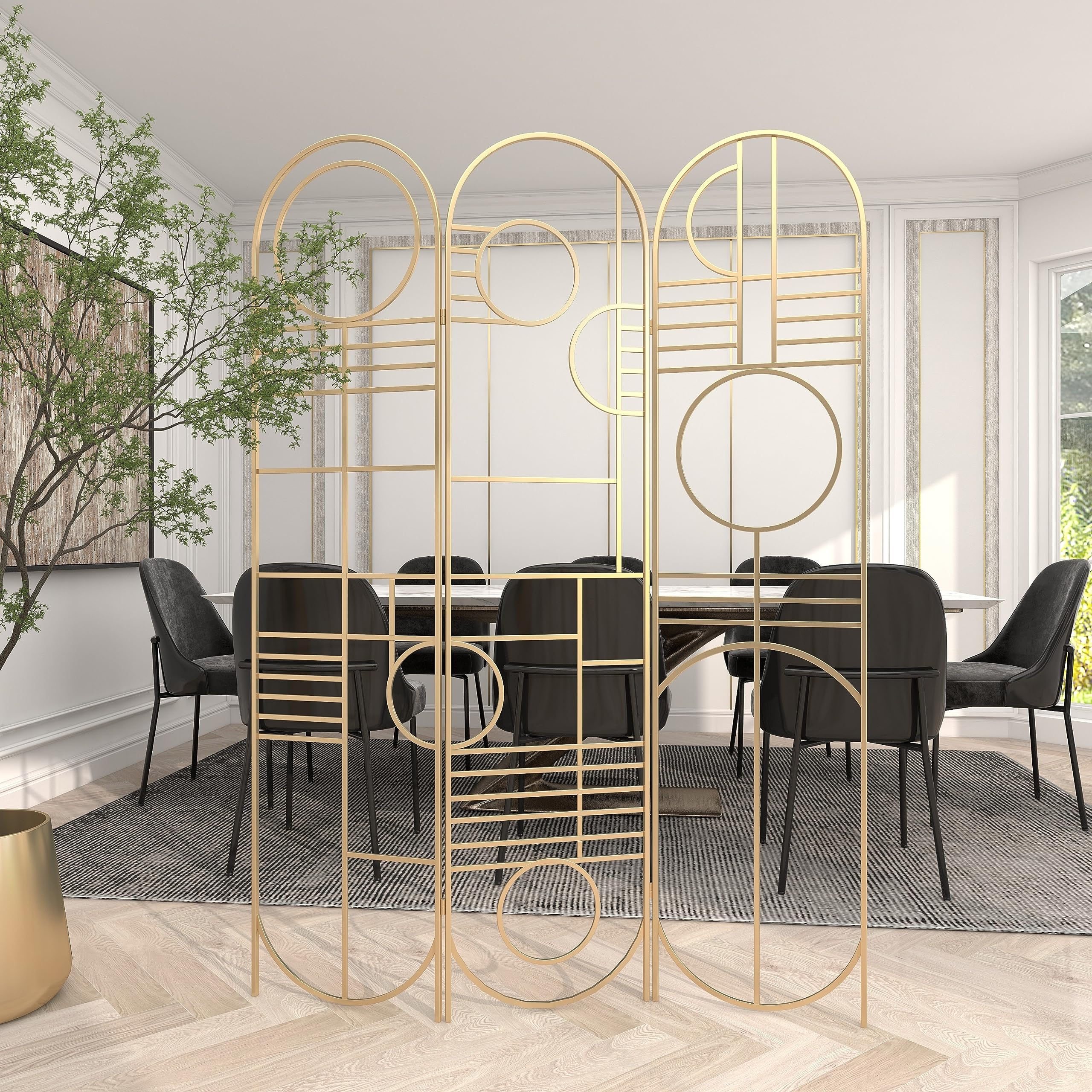 Deco 79 Metal Geometric Partition Room Divider Screen Hinged Foldable Arched Partition 3 Panel Privacy Screen, Room Partition 50" x 1" x 69", Gold