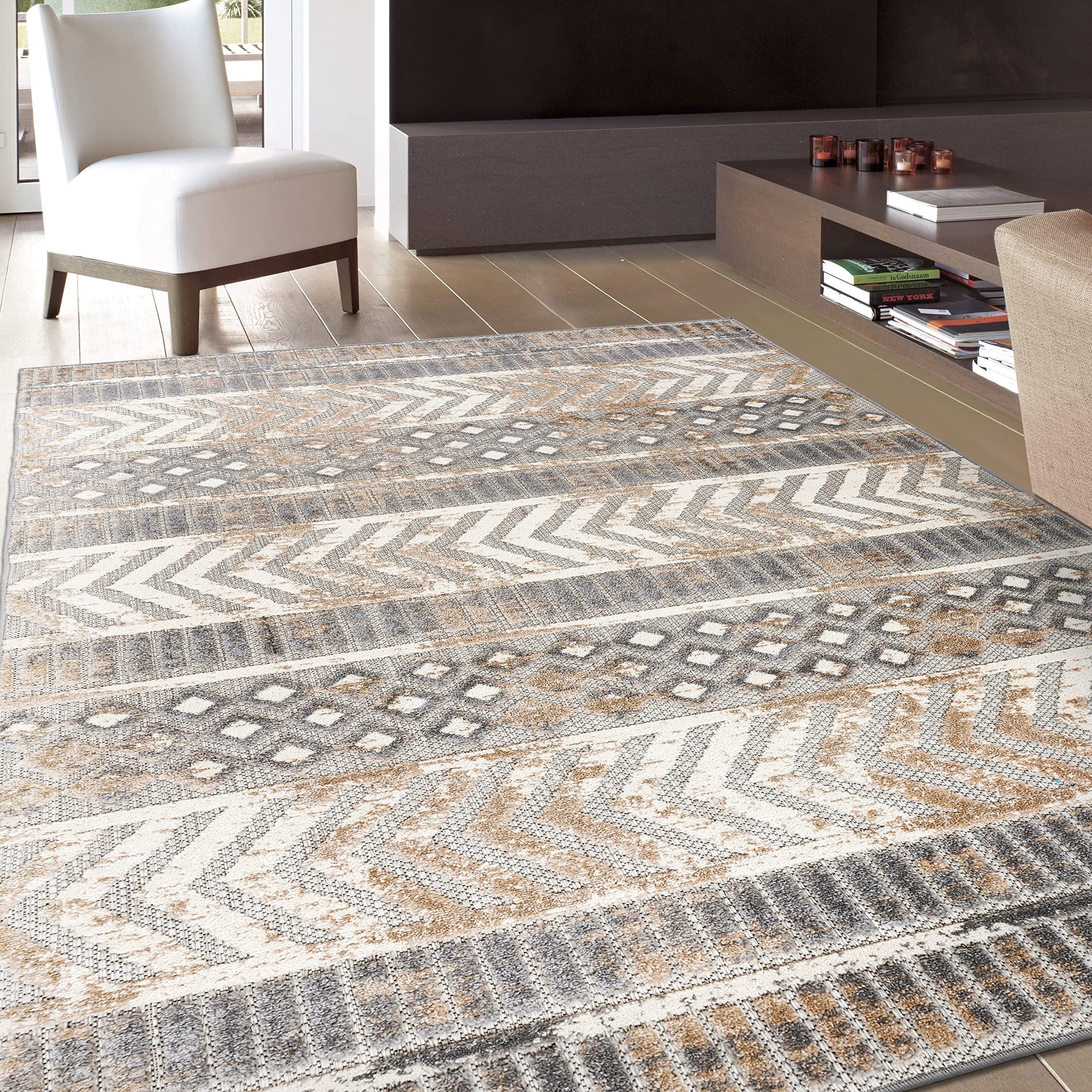 Rugshop Distressed Geometric Indoor/Outdoor Area Rug 7'10" x 10' Beige