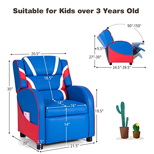 Costzon Kids Recliner, Gaming Recliner Chair w/Footrest, Headrest, Lumbar Support & Side Pockets, Ergonomic Leather Lounge Chair for Living & Gaming Room, Adjustable Recliner Sofa for Boys Girls, Blue