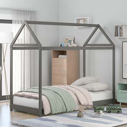 P PURLOVE Twin House Floor Bed Frame for Kids,Girls,Boys,Twin Size Montessori Floor Bed Frame with Roof,Twin Platform Bed Frame with Slat,Gray