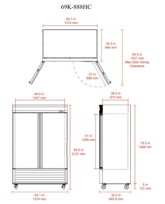 Kratos Commercial Refrigerator - Premium 2 Solid Doors Reach-in Refrigerator 54" W, 49 Cu Ft Stainless Steel (69K-888HC)