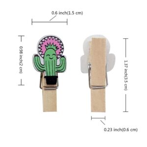 SaktopDeco 60 Counts Mini Cactus Wooden Clothespins with Jute Twine Small Floral Decorative Wood Peg Pin Craft Clips for Pictures Memo Card Photo