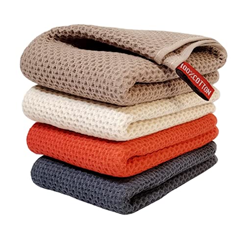 ANEWAY Kitchen Towels 100% Cotton Waffle Weave Dish Towel for Cleaning Drying Dishes Extra Absorbent and Soft, Dish Cloth,13 x 28 in(Beige-4 Pack)