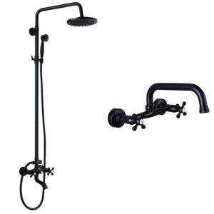 matte black wall mounted bathroom rainfall shower faucet system set mixer 8’’ round head 2 cross handles bathtub hand spray kitchen faucet 8’’ center 9’’ spout reach 2 cross handle kitchen sink faucet