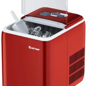 Ice Maker Countertop, Automatic Electric Ice Maker Machine w/Self-Cleaning Function, Portable Ice Machine with Ice Scoop and Basket (Red)