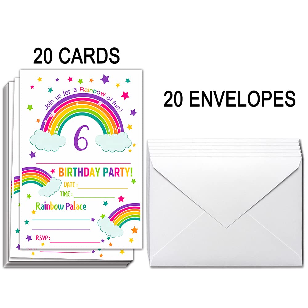 ukebobo 6th Rainbow Birthday Party Invitations with Envelopes – Birthday Party Invitations, Rainbow Party Decorations– 20 Cards With Envelopes（c03-06