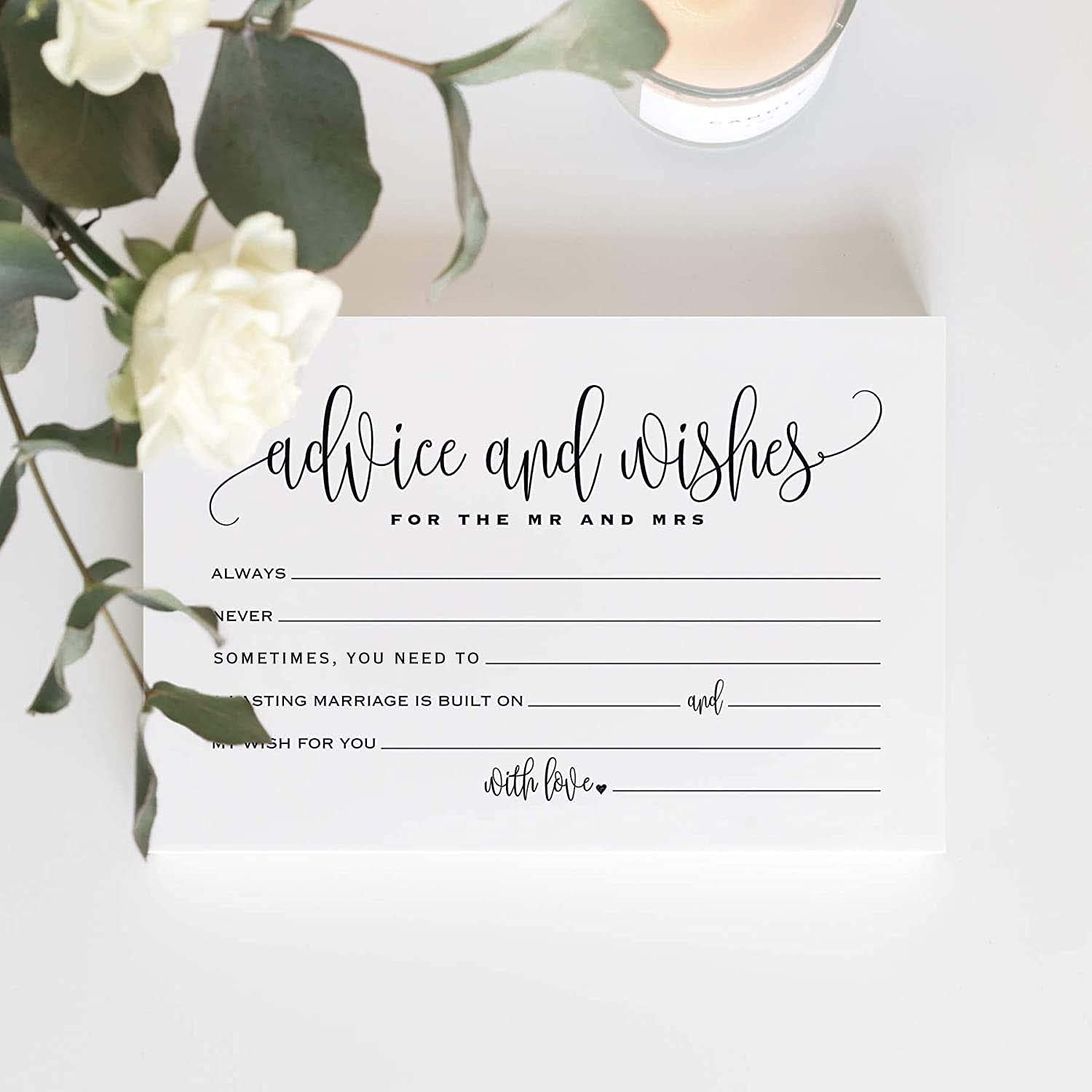 Confetti Advice and Wishes for The Mr and Mrs (50 Cards) Marriage Advice Cards, Wedding, Bride, Groom, Bridal Shower, Fill in The Blank, Minimalist