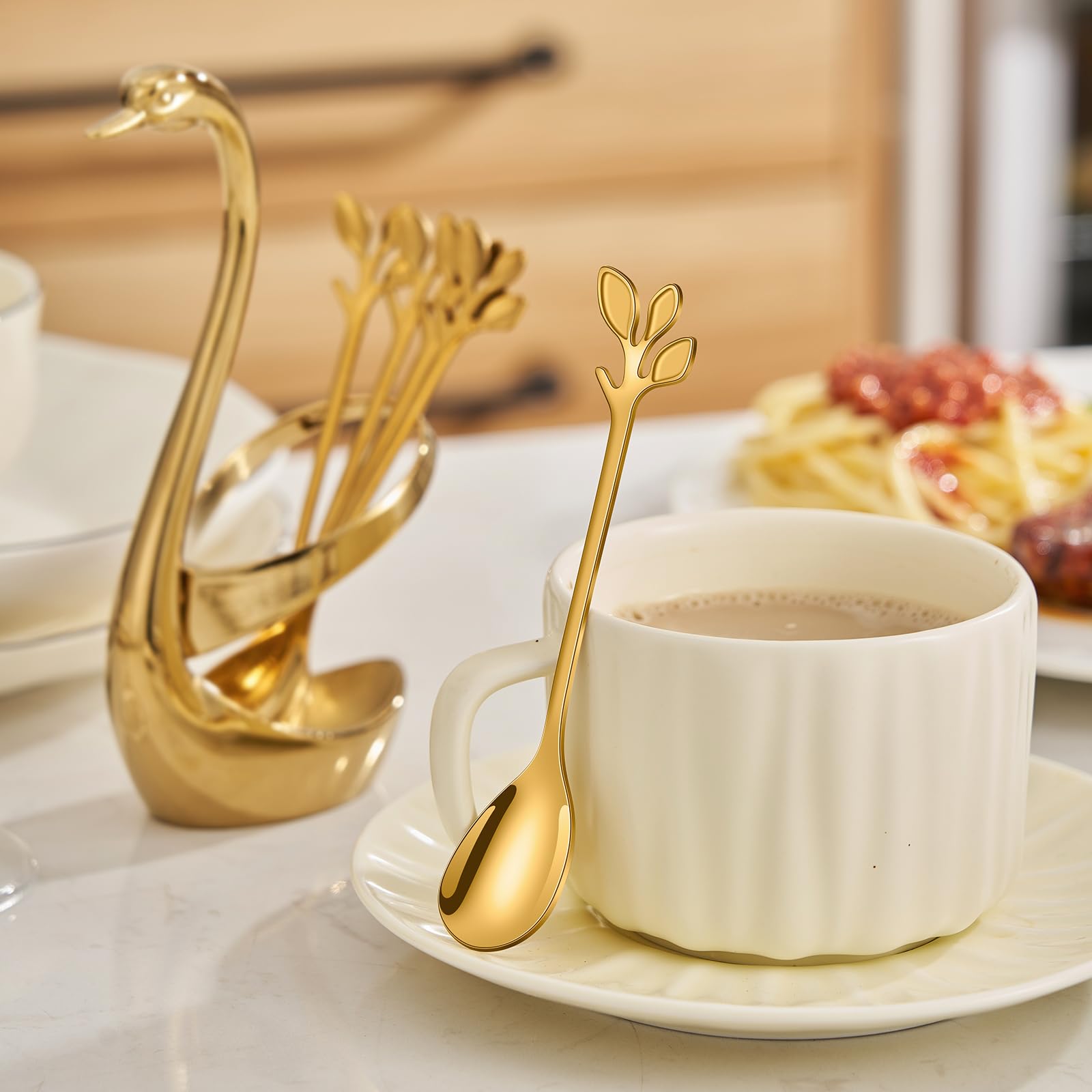 AnSaw Gold Small Coffee Spoon Holder Set,Swan Base With 10 Pcs Demitasse Espresso Spoons Set,4.7" Mini Leaf Dessert Spoon,Stainless Steel Tea Spoons