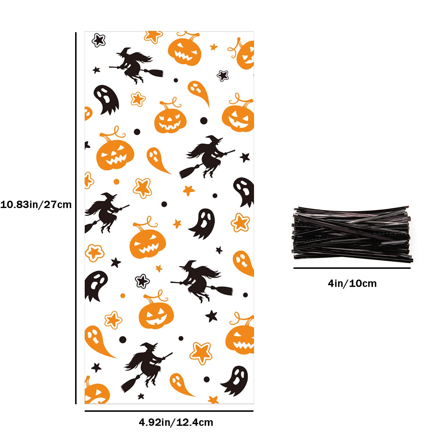 LOMIMOS 150PCS Halloween Cellophane Candy Bags, Clear Plastic Treat bags with 300PCS Twist Ties for Snacks cookies Gift Supplies