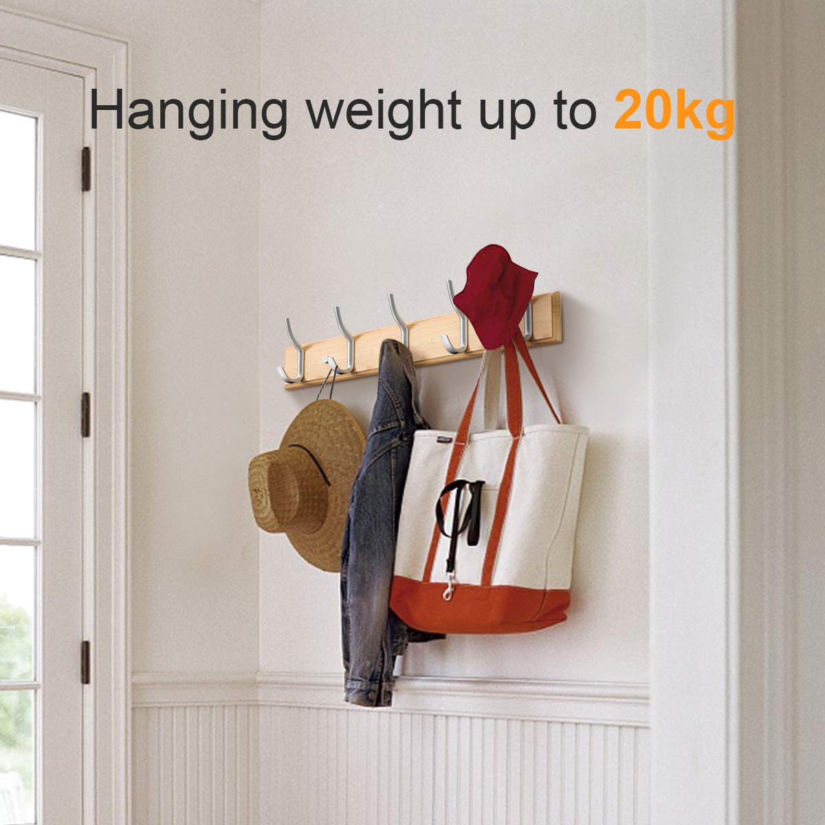 Anjuer Coat Hanger Rack 5 Hooks Heavy Duty Clothes Hat Holder Bamboo Board Silver Hooks