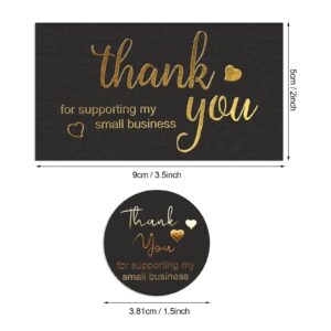 620PCS Thank You Card Set, 120PCS Gold Foil Thank You for Supporting My Business Cards 500PCS 1.5” Black Thank You Stickers Label Roll for Business Online Retail Store Package Inserts