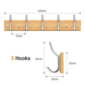 Anjuer Coat Hanger Rack 5 Hooks Heavy Duty Clothes Hat Holder Bamboo Board Silver Hooks