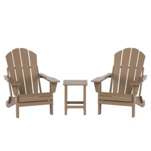 westintrends malibu 3-pieces adirondack chairs set with side table, all weather outdoor seating plastic patio lawn chair folding for outside porch deck backyard, weathered wood