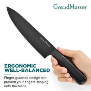 GrandMesser Cooking Chef Knife 8 Inches Carbon Stainless Steel Kitchen Knife with Sharpener and Ergonomic Handle - Chopping Knife for Professional Use (Glossy Stainless)