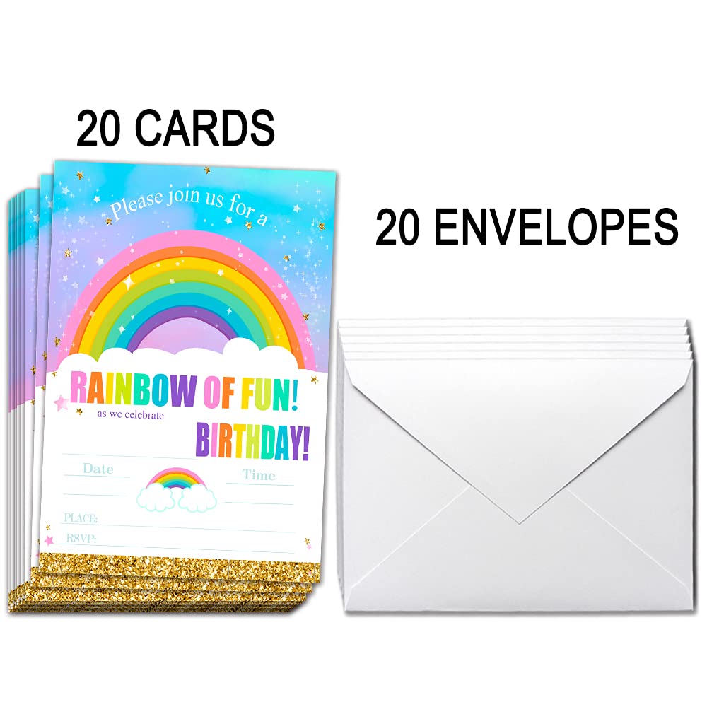 ukebobo Rainbow Birthday Party Invitations with Envelopes – Birthday Party Invitations, Rainbow Party Decorations– 20 Cards With Envelopes（c02）