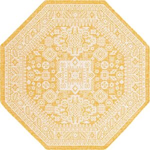 rugs.com outdoor aztec collection rug – 5 ft octagon yellow flatweave rug perfect for living rooms, kitchens, entryways