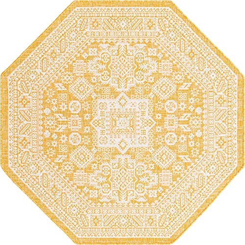 Rugs.com Outdoor Aztec Collection Rug – 5 Ft Octagon Yellow Flatweave Rug Perfect for Living Rooms, Kitchens, Entryways