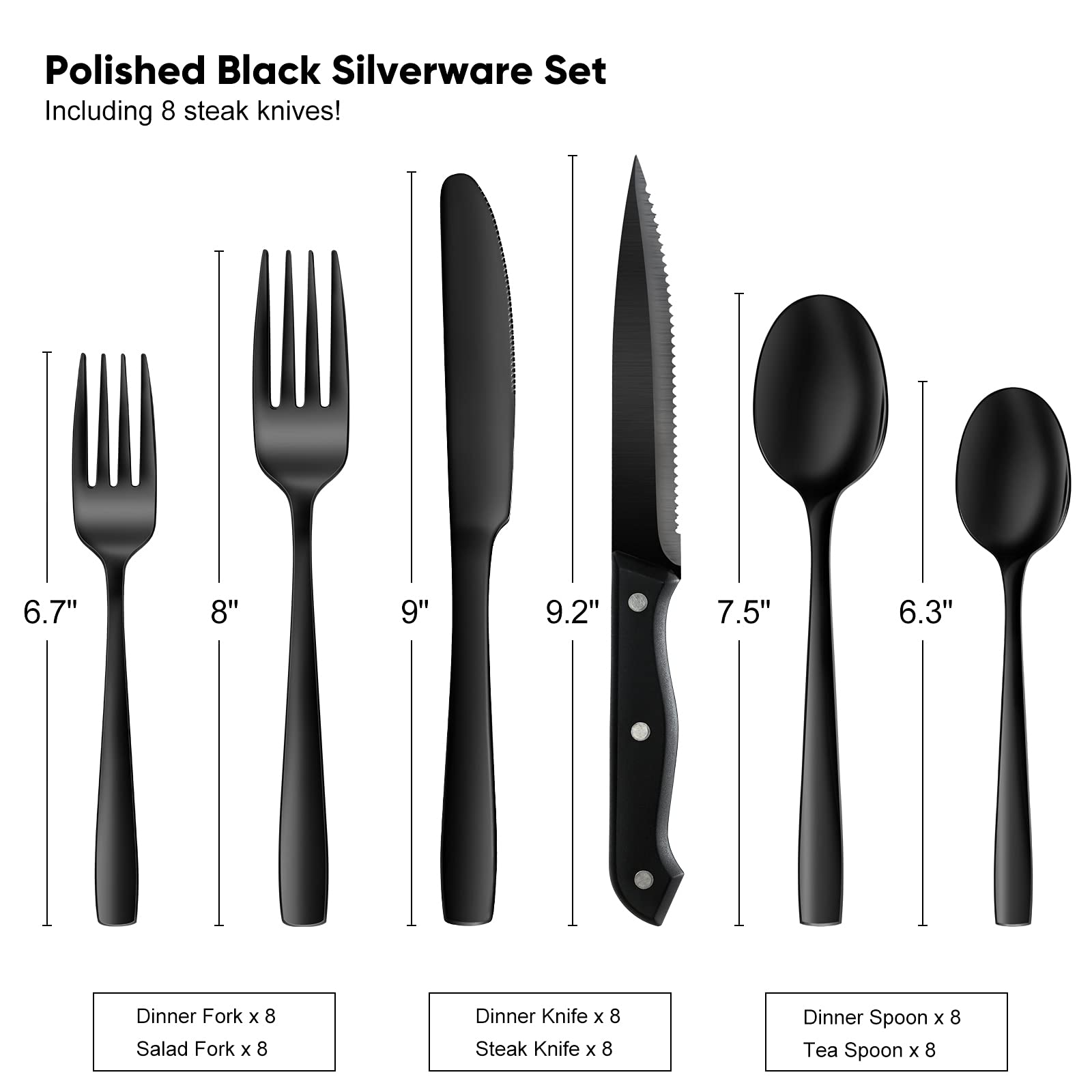 48 Pieces Black Silverware Set, Black Flatware Set with Steak Knives, Food-Grade Stainless Steel Cutlery Set for 8, Tableware Eating Utensils, Dishwasher Safe