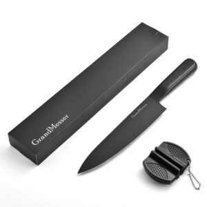 GrandMesser Cooking Chef Knife 8 Inches Carbon Stainless Steel Kitchen Knife with Sharpener and Ergonomic Handle - Chopping Knife for Professional Use (Glossy Stainless)