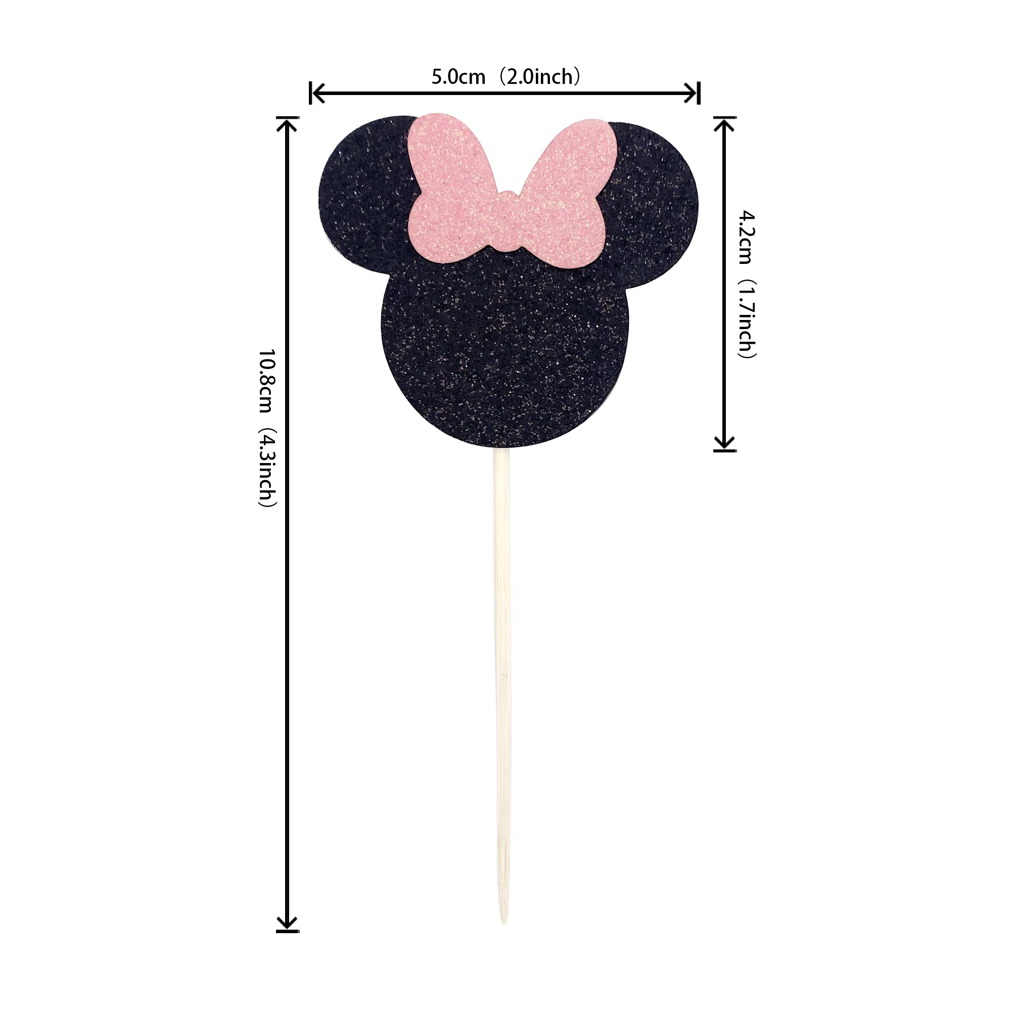 24 PCS Black and Pink Mouse Inspired Cupcake Toppers with Bow Glitter Mini Cupcake Picks Baby Shower Wedding Kids Birthday Party Cake Decorations Supplies