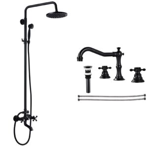 matte black wall mounted bathroom rainfall shower faucet system set mixer 8’’ head 2 cross handles victorian widespread deck mounted three holes double handles bathroom sink faucet