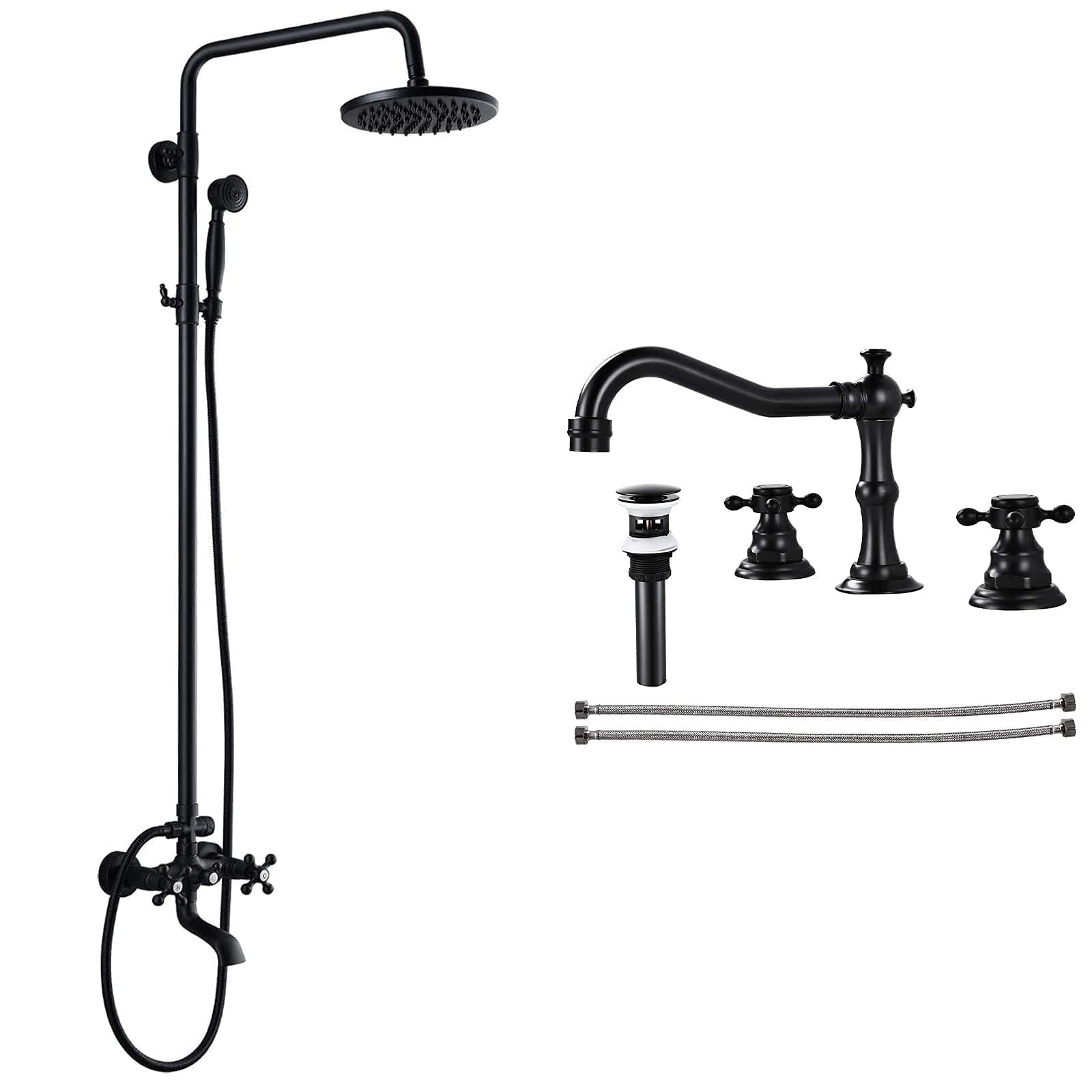 Matte Black Wall Mounted Bathroom Rainfall Shower Faucet System Set Mixer 8’’ Head 2 Cross Handles Victorian Widespread Deck Mounted Three Holes Double Handles Bathroom Sink Faucet