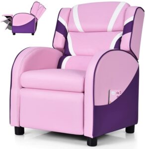 moccha kids recliner chair with side pockets for boys and girls room, adjustable kids couch chair w/footrest, ergonomic toddler furniture sofa (pink)