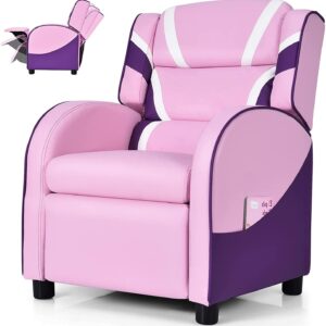 Moccha Kids Recliner Chair with Side Pockets for Boys and Girls Room, Adjustable Kids Couch Chair w/Footrest, Ergonomic Toddler Furniture Sofa (Pink)