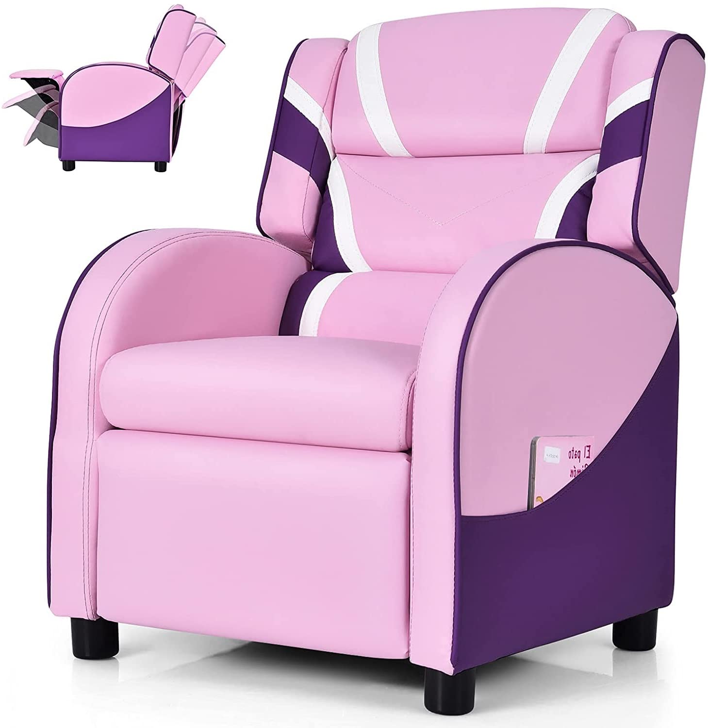 Moccha Kids Recliner Chair with Side Pockets for Boys and Girls Room, Adjustable Kids Couch Chair w/Footrest, Ergonomic Toddler Furniture Sofa (Pink)